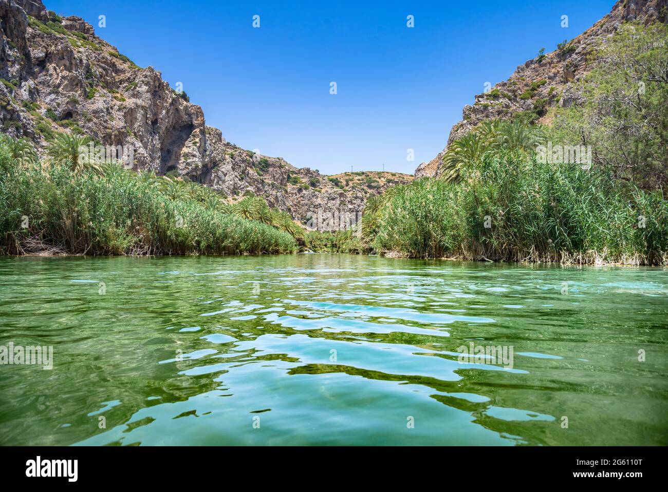 Preveli beach at Libyan sea, river and palm forest, southern Crete ...