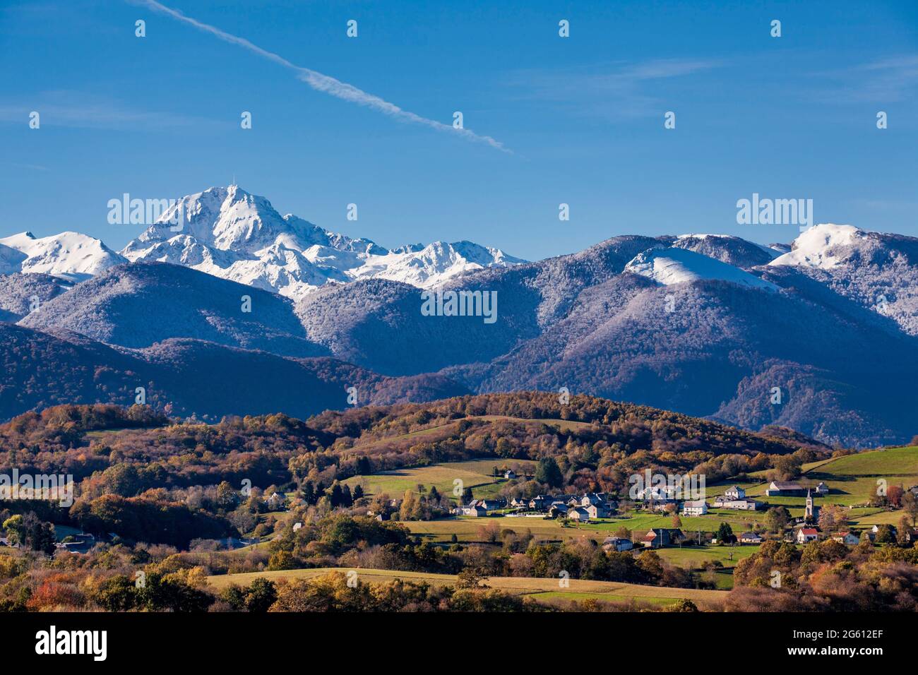 France, Hautes Pyrenees, view of the Pyrenees and the Pic du Midi de ...