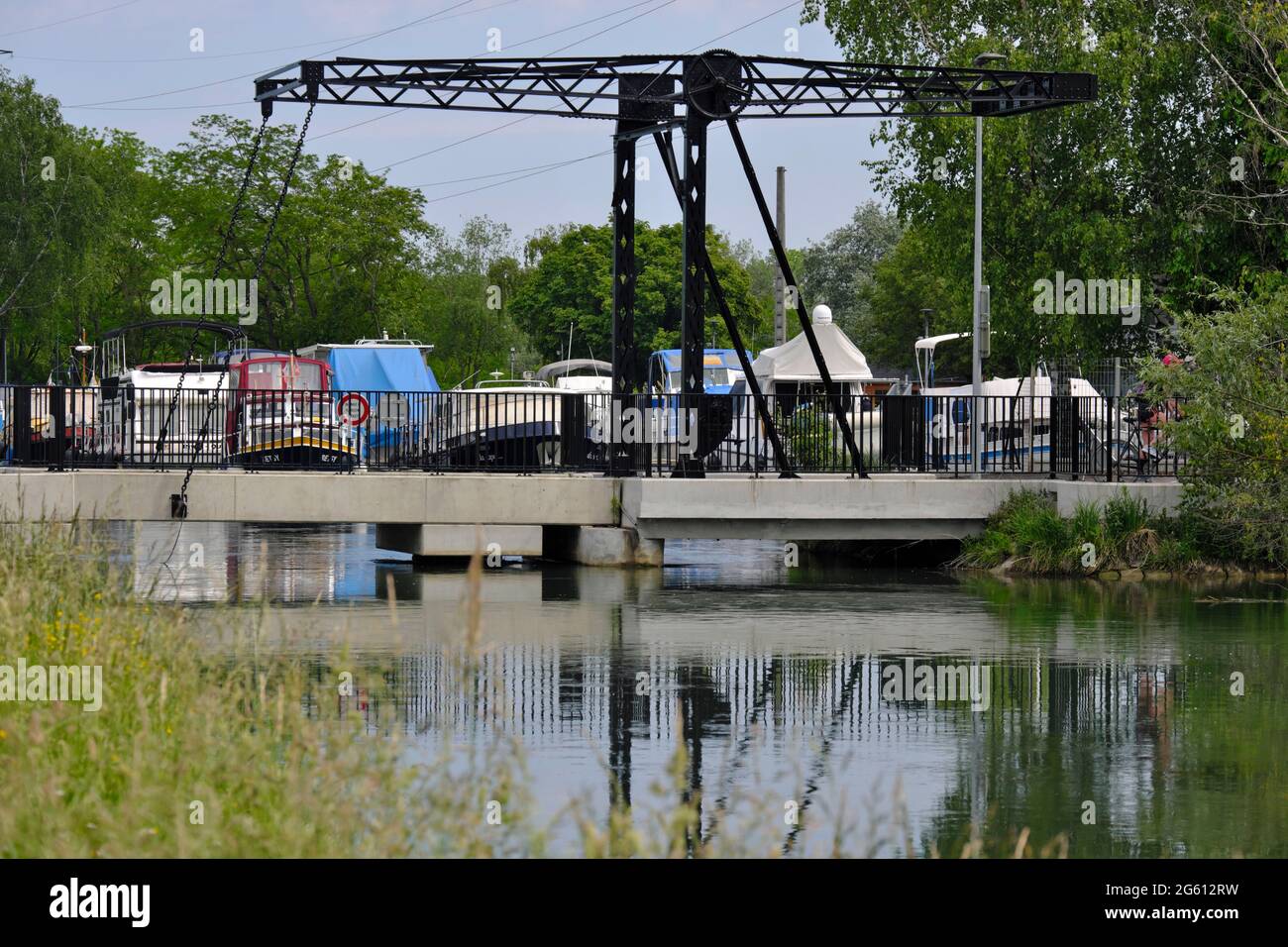 France, Haut Rhin, Rosenau, Huningue canal, drawbridge, marina Stock ...