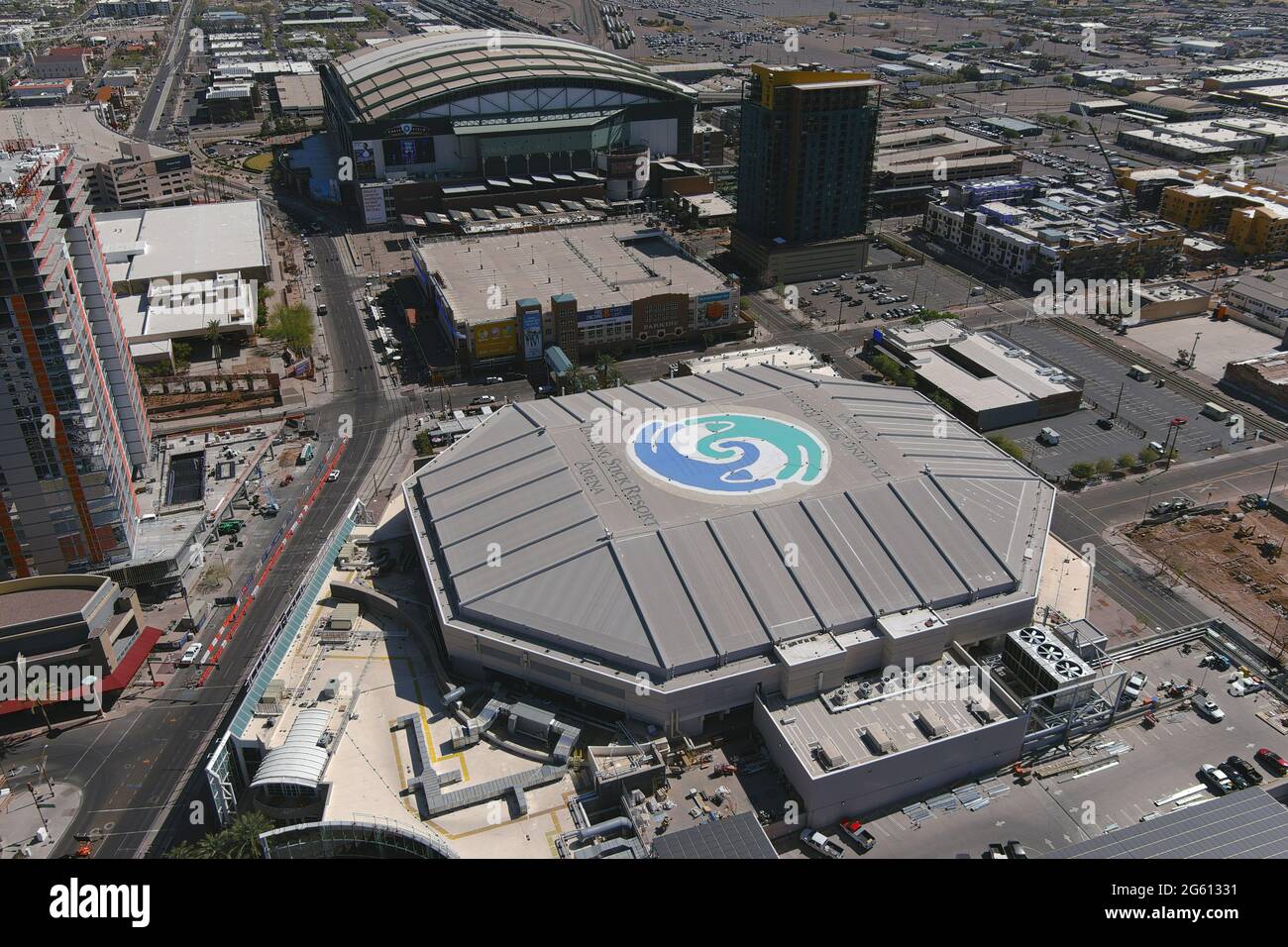 An aerial view of Phoenix Suns Arena (foreground) and Chase Field ...