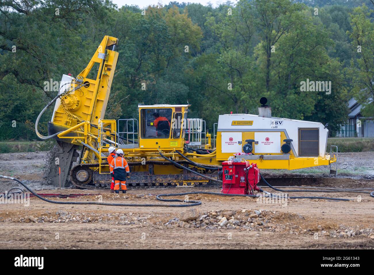 France, Indre et Loire, reinforcement of the dike with a trencher using ...