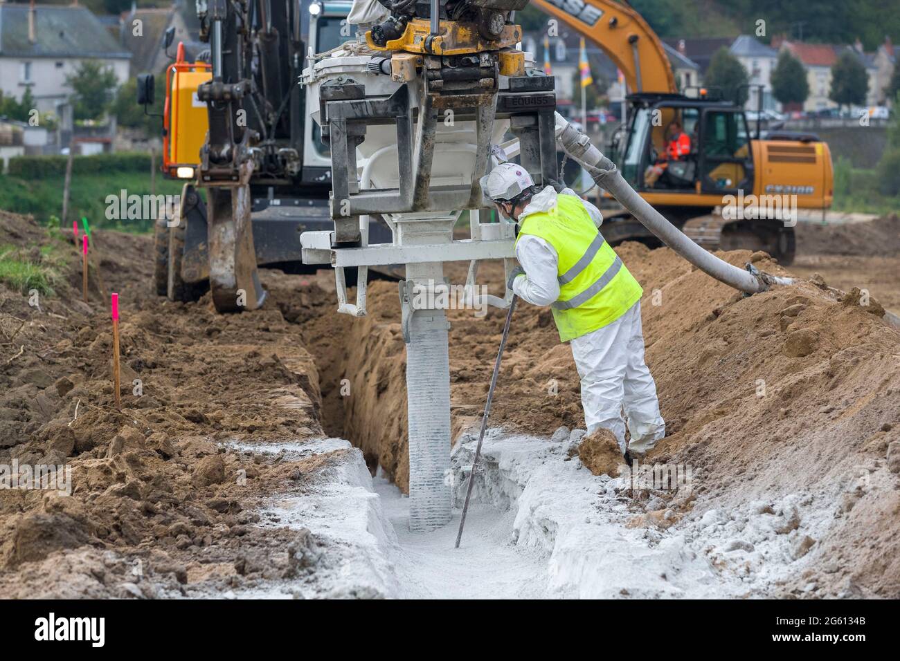 France, Indre et Loire, reinforcement of the dike with a trencher using ...