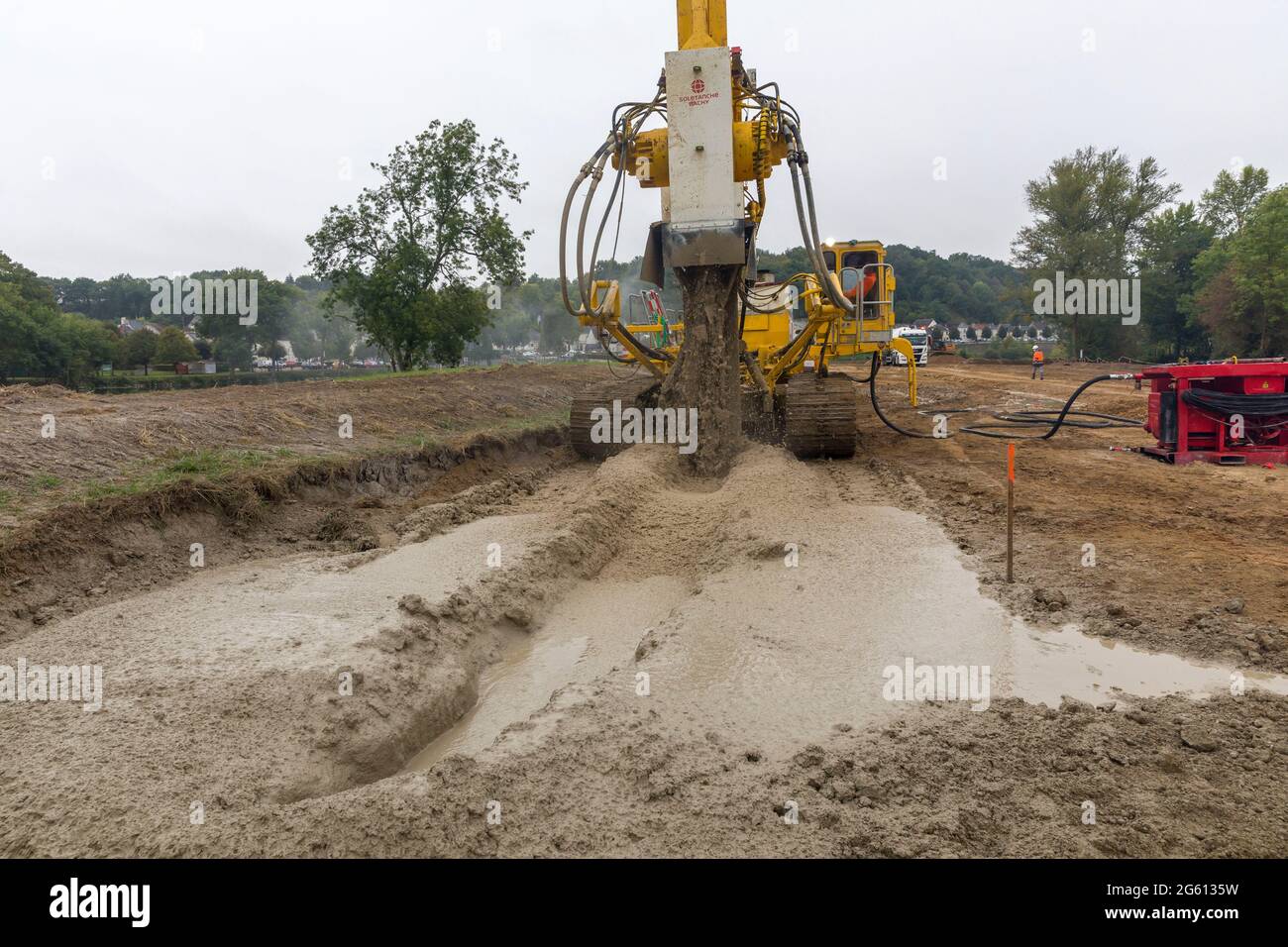 France, Indre et Loire, reinforcement of the dike with a trencher using ...
