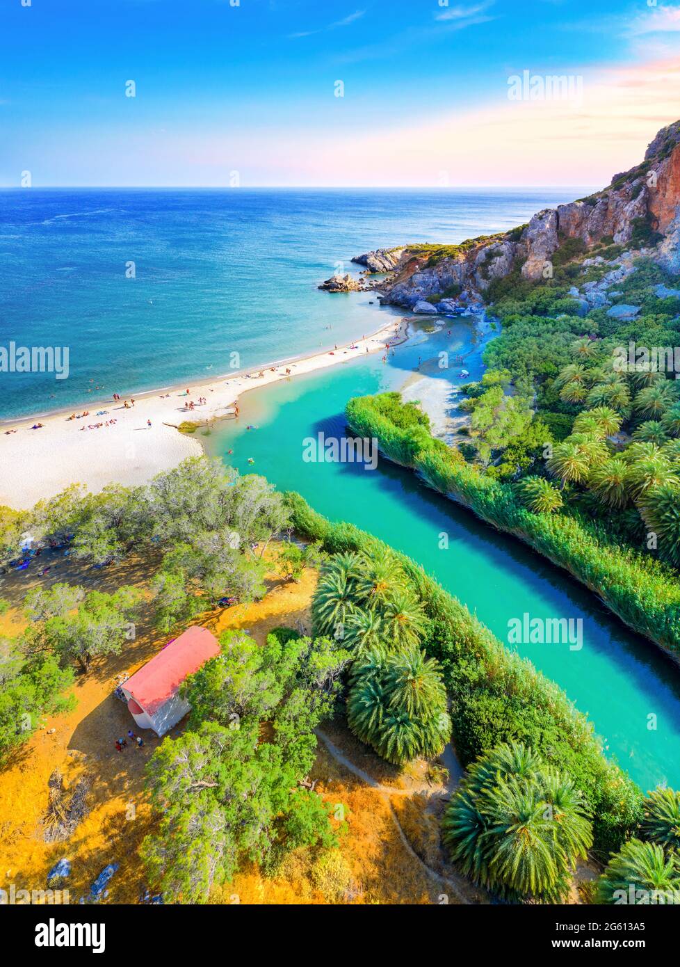 Preveli beach at Libyan sea, river and palm forest, southern Crete ...