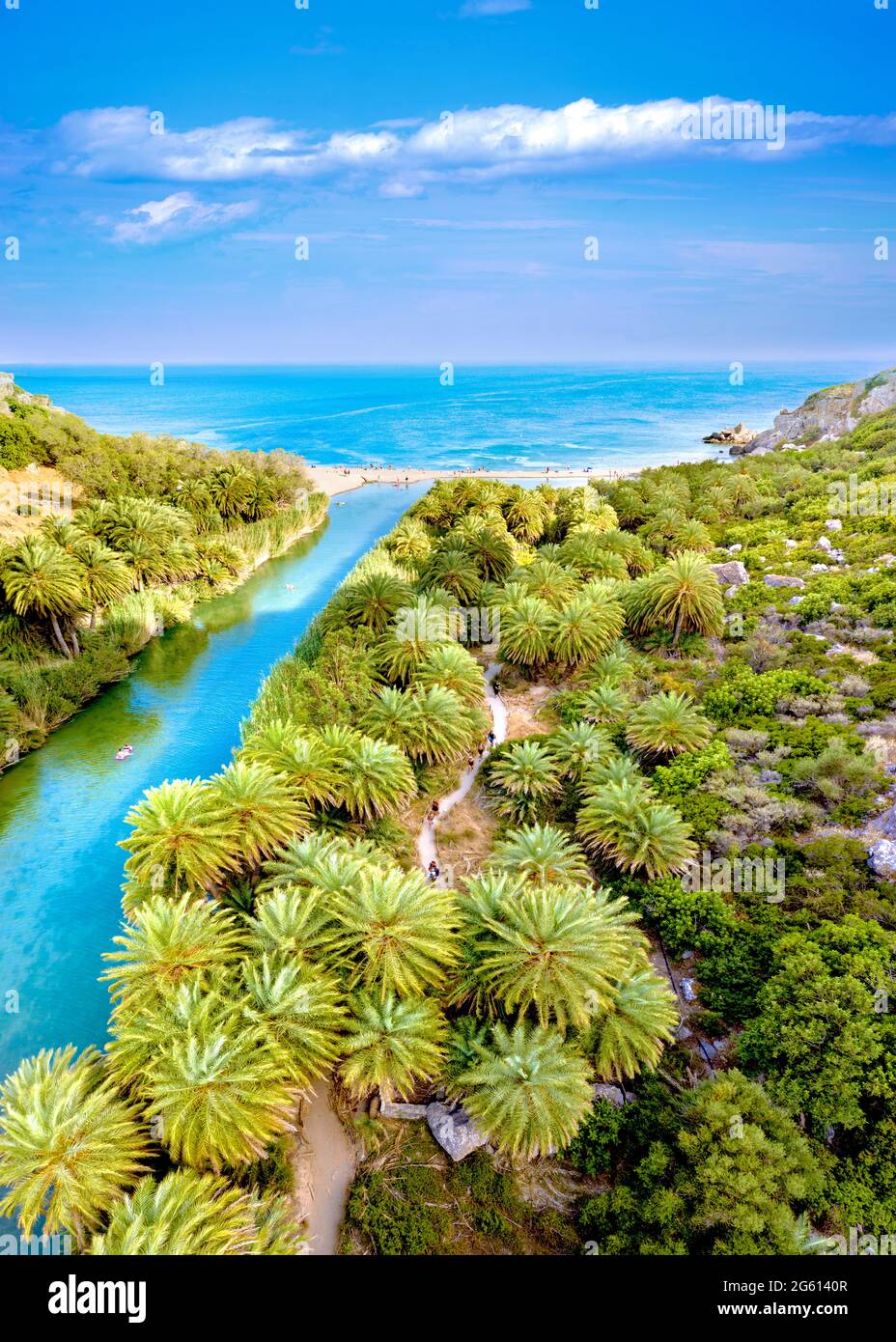 Preveli beach at Libyan sea, river and palm forest, southern Crete ...