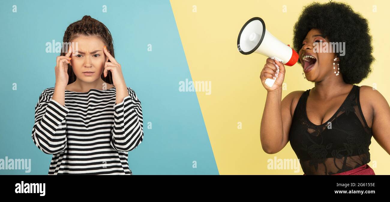 Young woman on color background, collage. Concept of human emotions ...