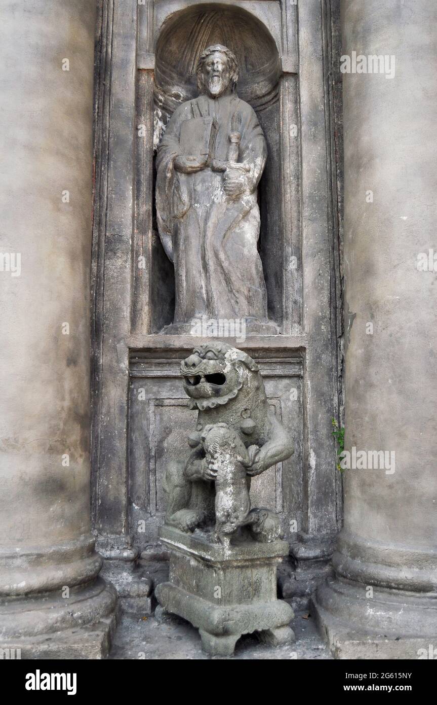 Antique sculpture stone saint statue of Convento de san agustin church ...