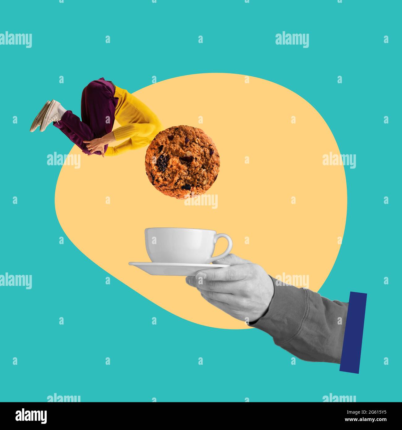 Creative art collage demostrating a man diving into cup of coffee like ...