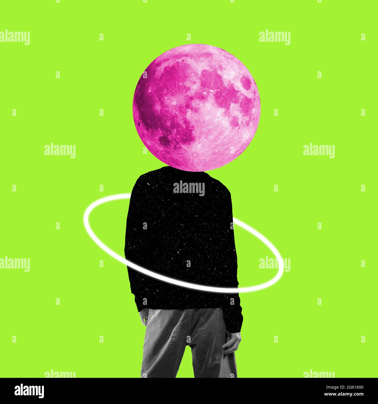 Surrealism. Male model with pink planet istead of head. Concept of ...
