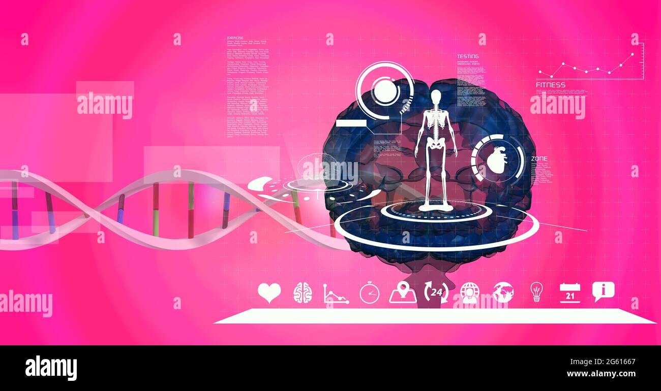 Medical data processing over dna structure and human brain against pink ...