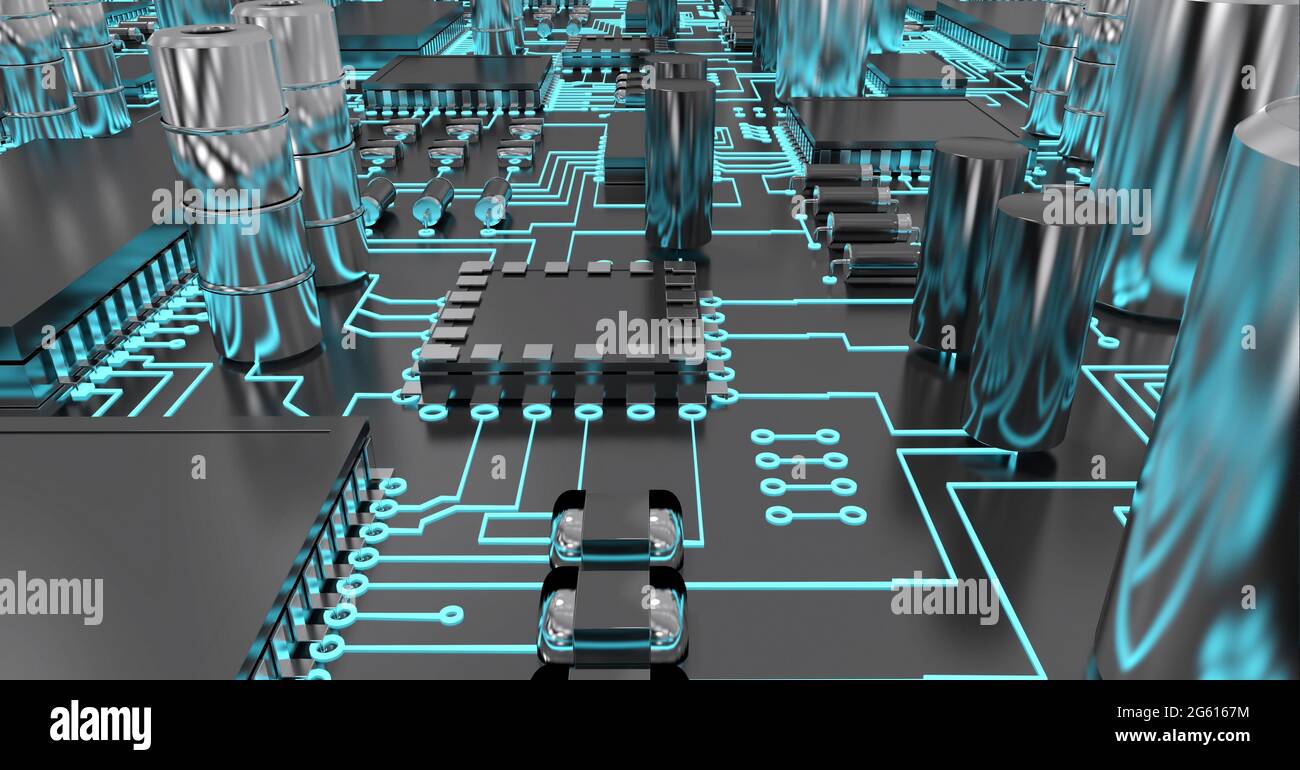 Digitally generated image of microprocessor connections over electronic ...