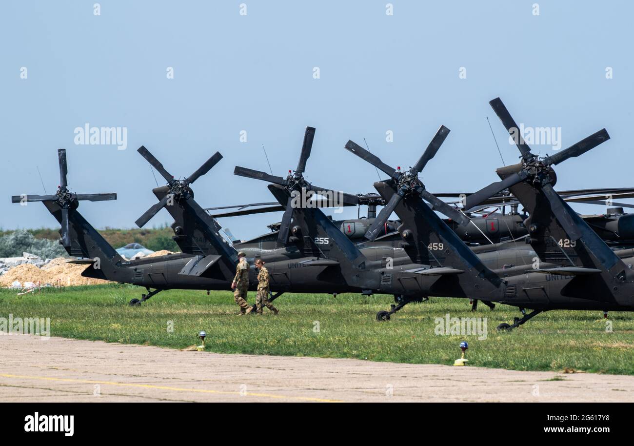 Mihail Kogalniceanu, Romania. 01st July, 2021. Five Sikorsky UH-60 ...