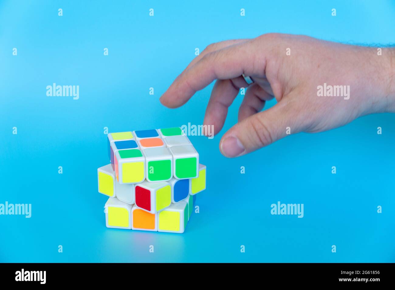 Moscow, Russia - 2nd June 2021: Rubik's cube on blue background Stock ...
