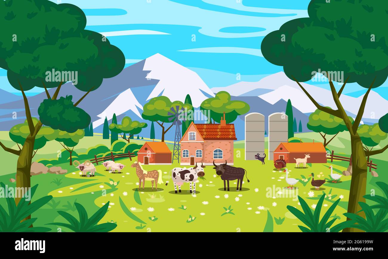 Rural Landscape farm scenery view, mountaines, green meadow, flowers ...
