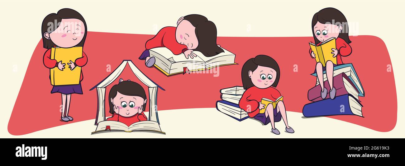 Big Set of Cute little girl, book lover enjoys reading big books and ...