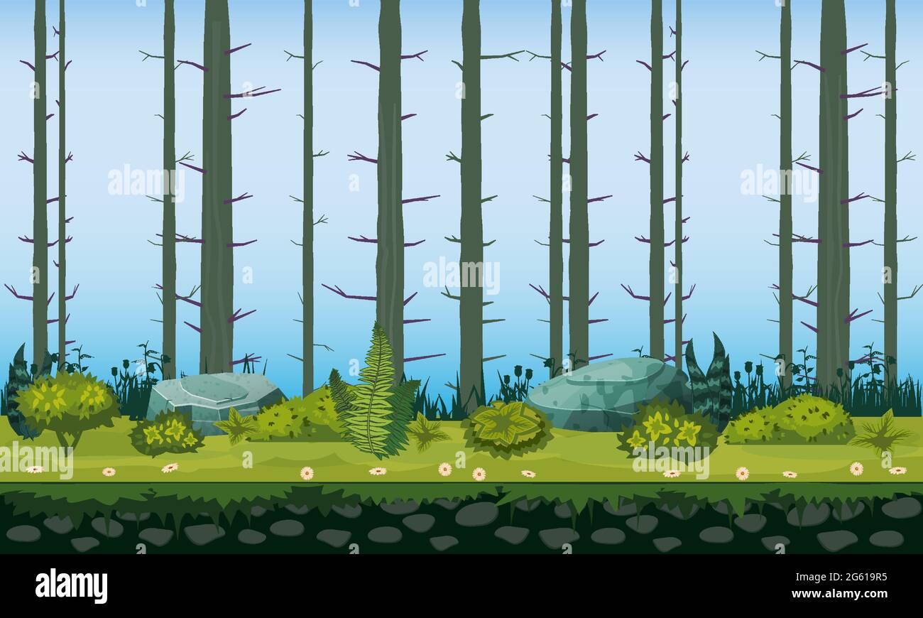 Forest landscape tree trunks horizontal seamless background for games ...