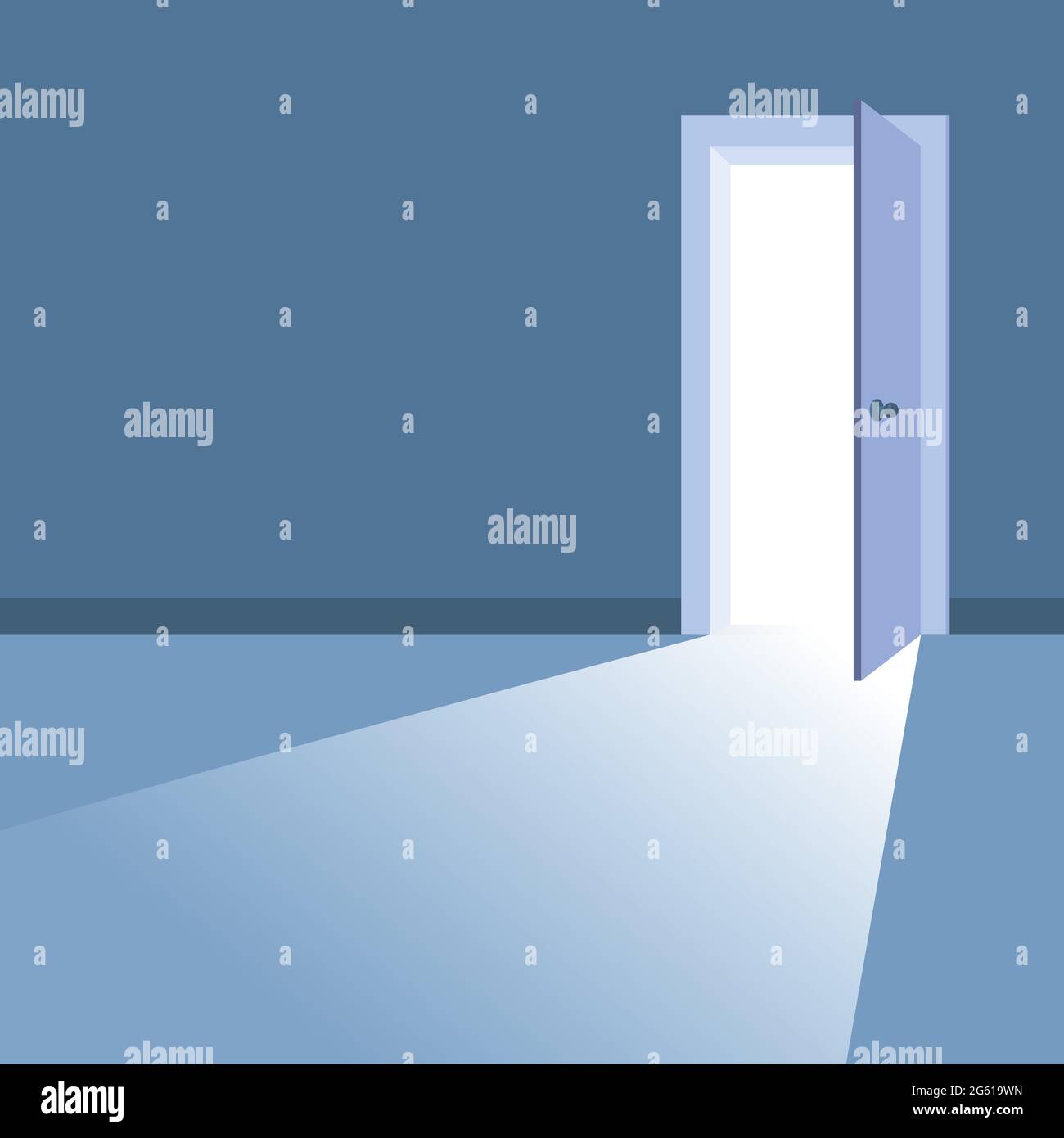 Open Door with light beams going inside dark room. Symbol of new way ...