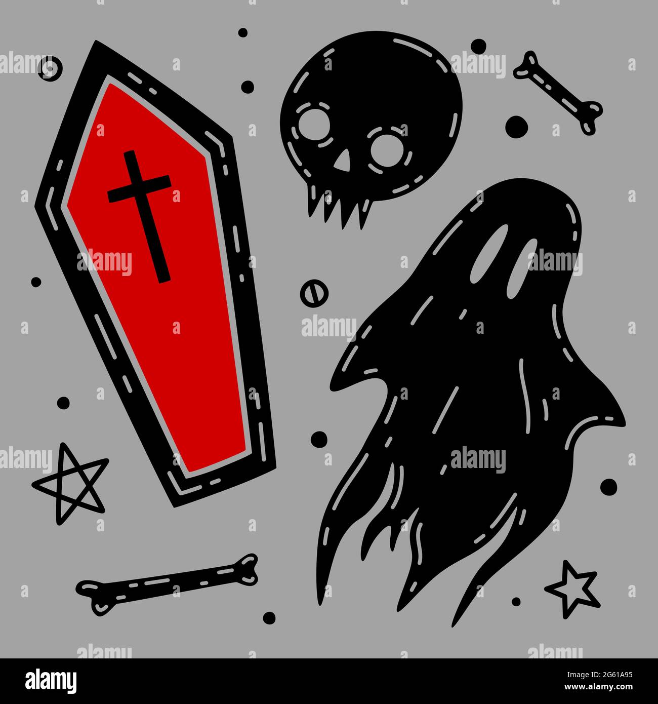 Coffin, ghost, skull and bones hand drawn vector illustration ...