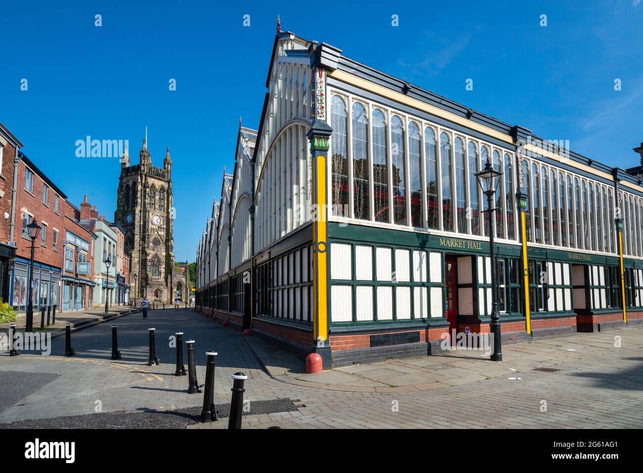Old Victorian market hall and St Mary's Church in Stockport, Greater ...
