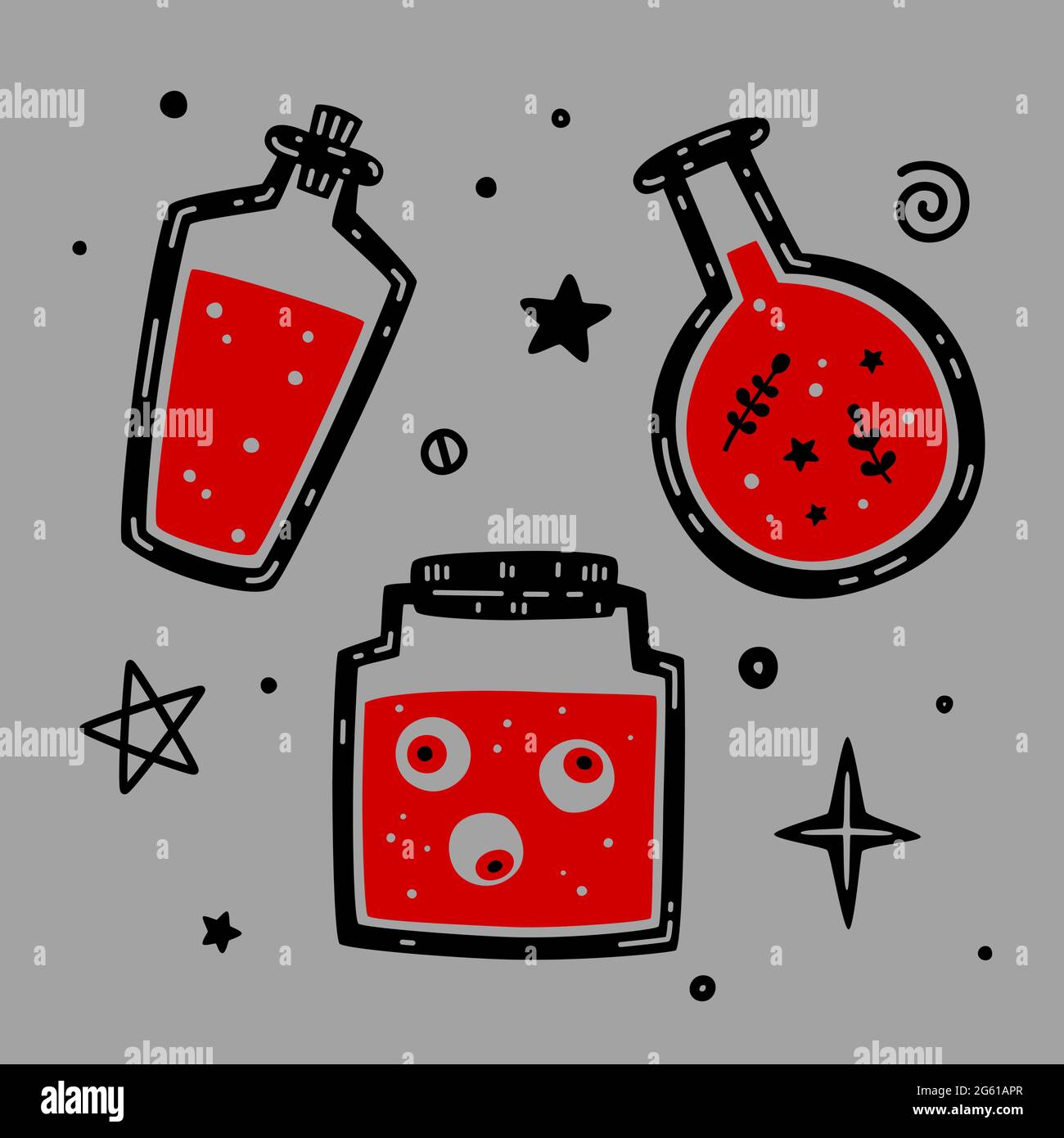 Collection of magic attributes and symbols. Bottle with poison, vial ...