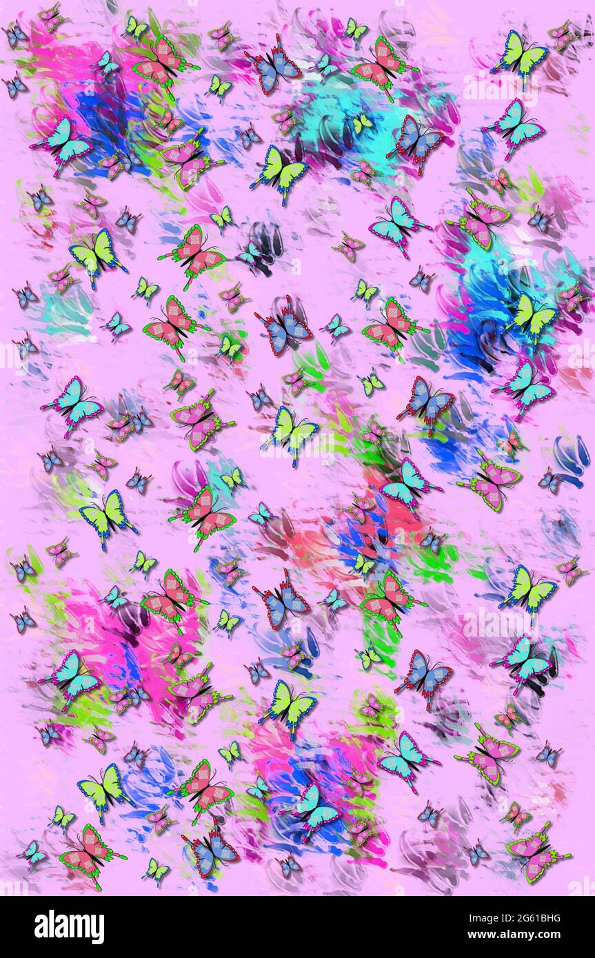 Abstract pink background is covered with fluttering butterflies in soft ...