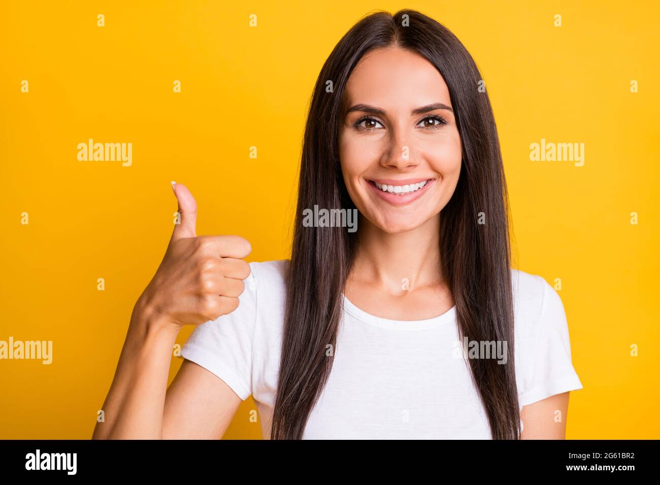 Photo of young attractive woman happy positive smile show thumb-up like ...