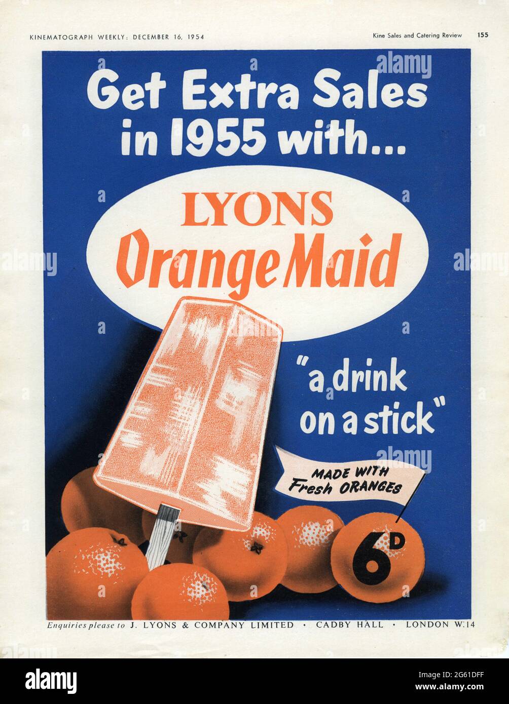 1954 British Trade Ad for CINEMA SALES of LYONS ORANGE MAID Ice Lolly ...