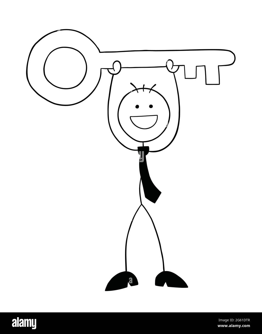 Stickman businessman character happy and raising big key, vector ...