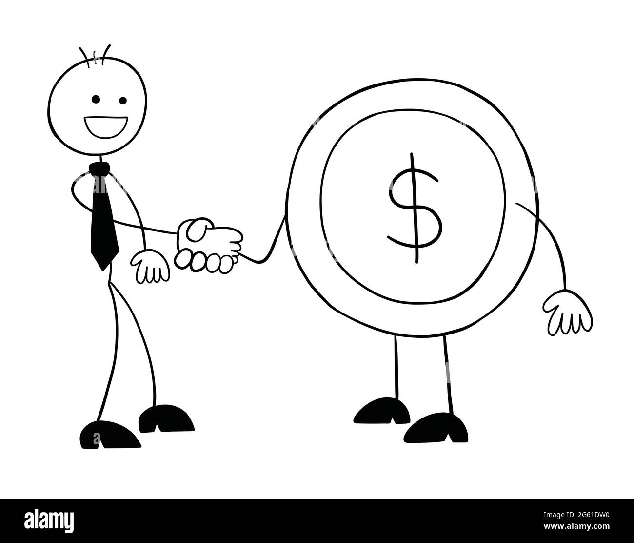 Stickman businessman character shaking hands with dollar coin, vector ...