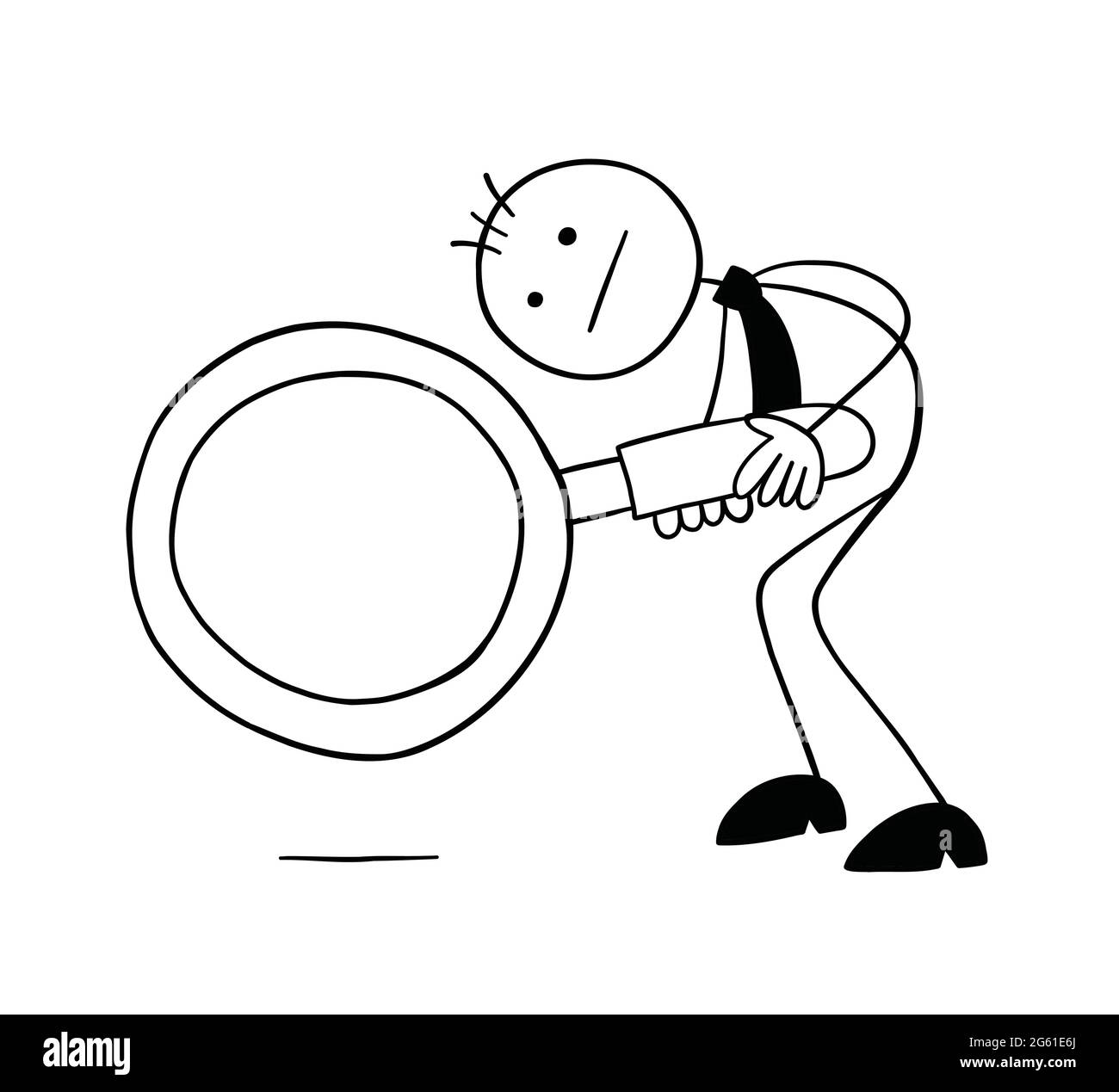 Stickman businessman character looking down with a magnifying glass ...