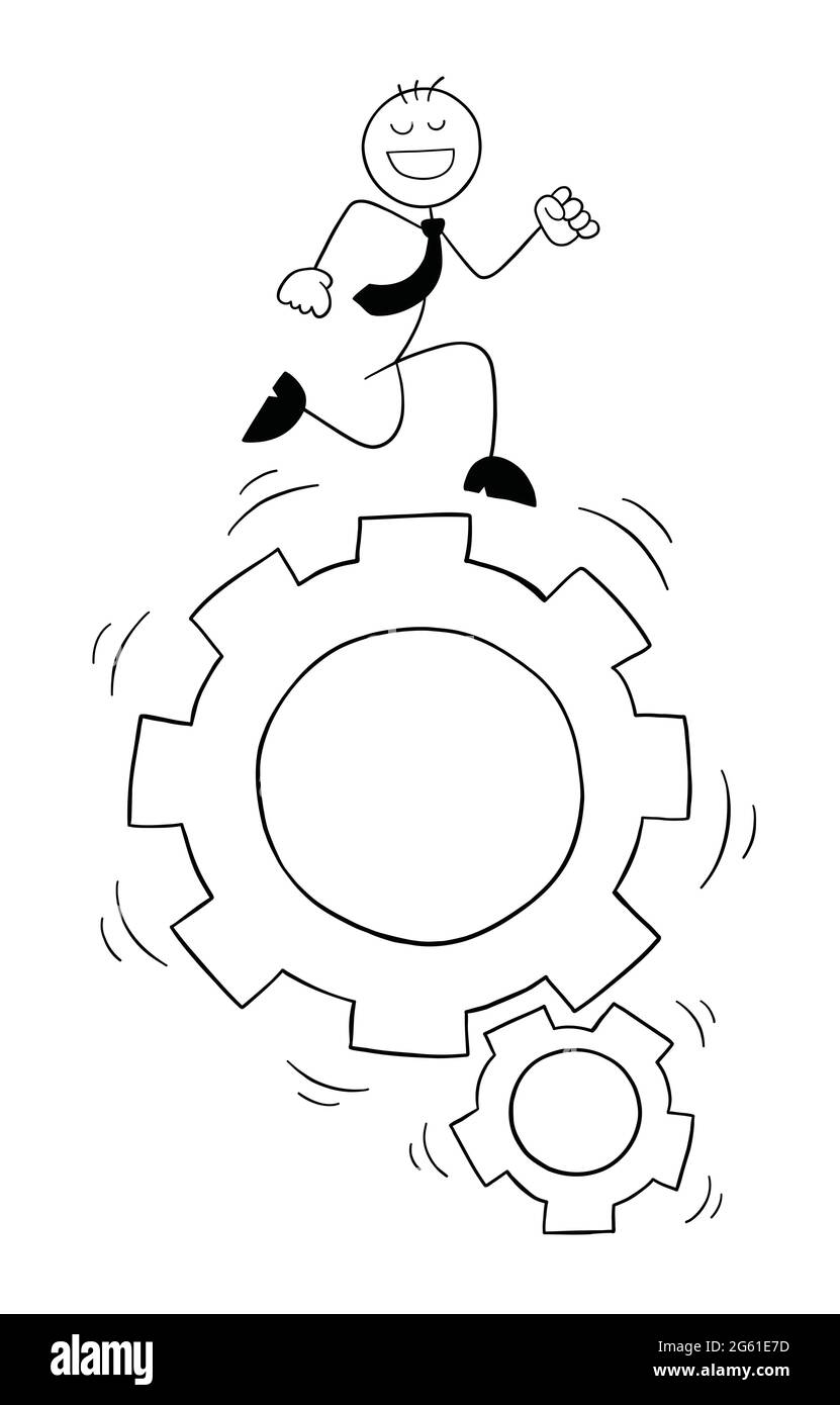 Stickman businessman character happy and running on the spinning gear ...