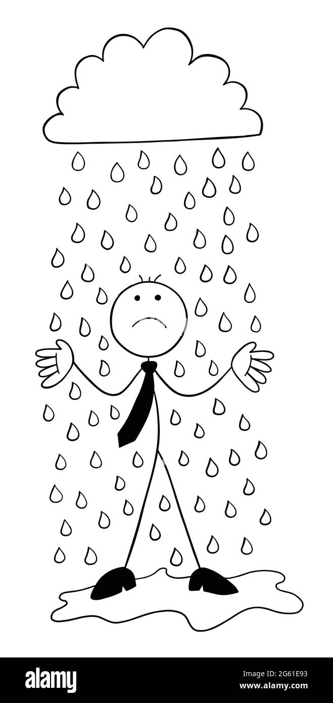 It's raining, stickman businessman character getting wet and unhappy ...