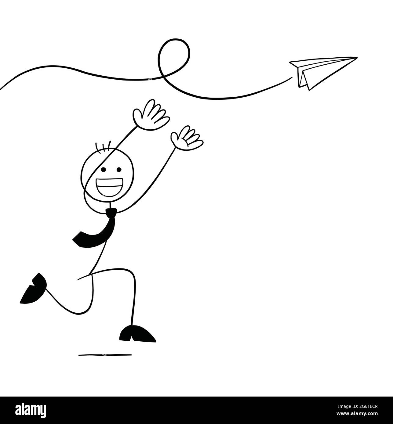 Stickman businessman character trying to catch the paper plane, vector ...