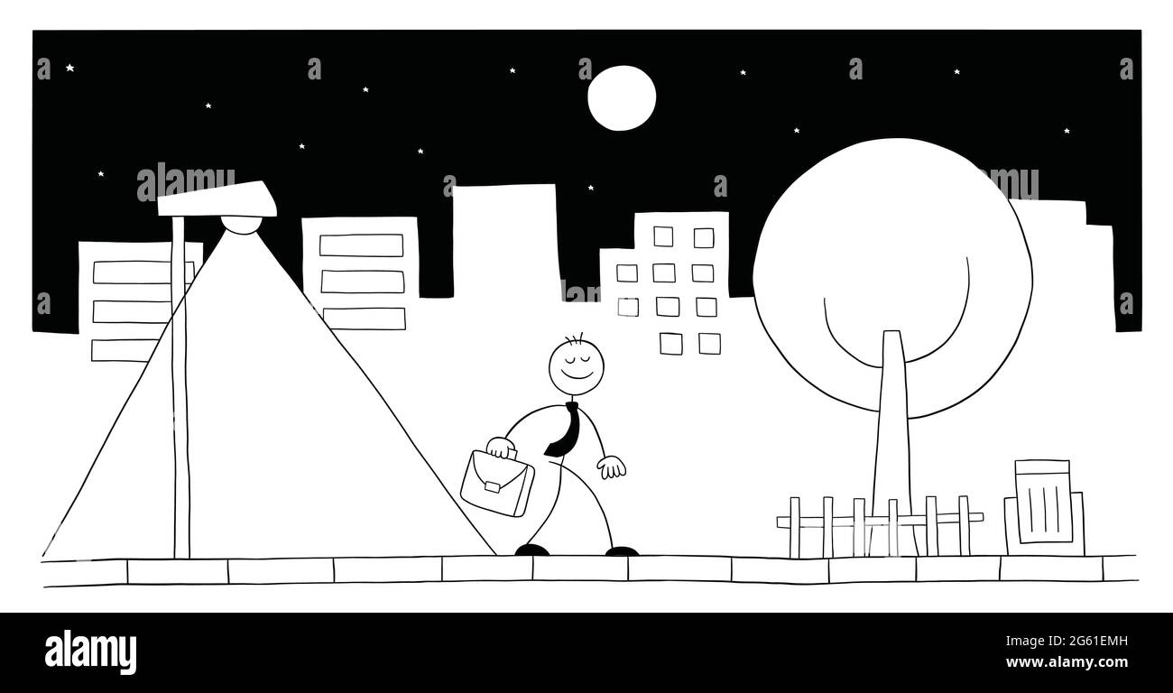 Stickman businessman character walking on the street at night, vector ...