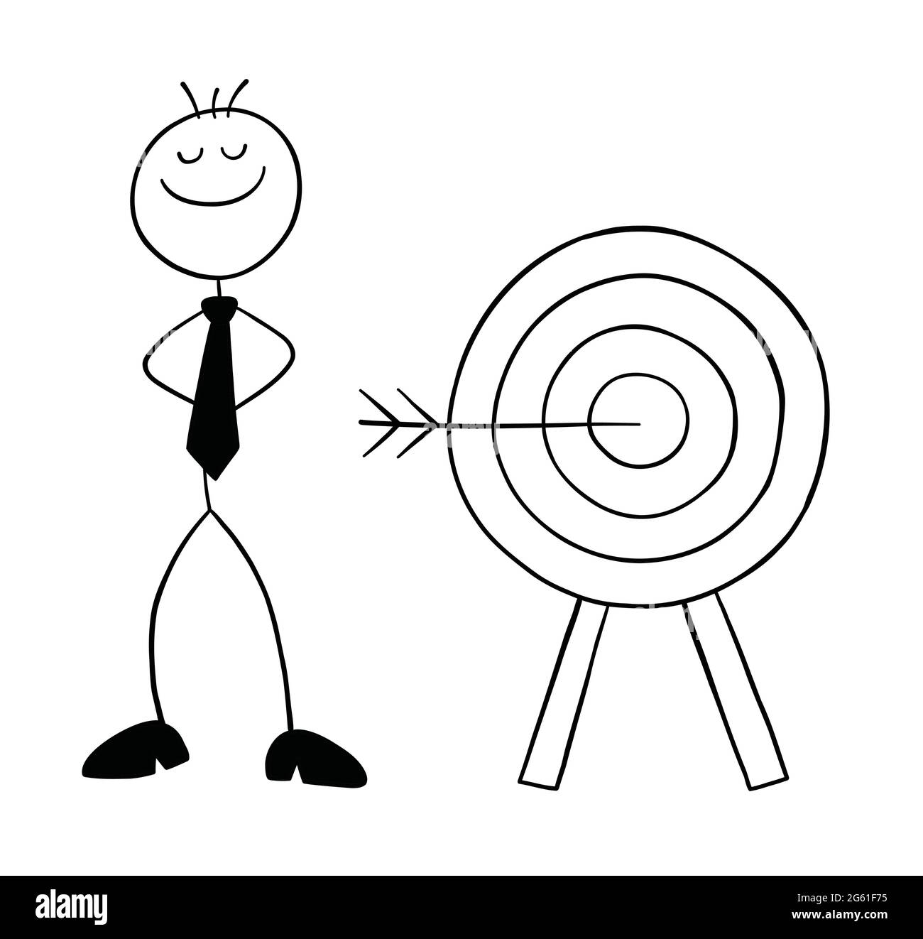 Stickman businessman character hits the target of bulls eye and proud ...