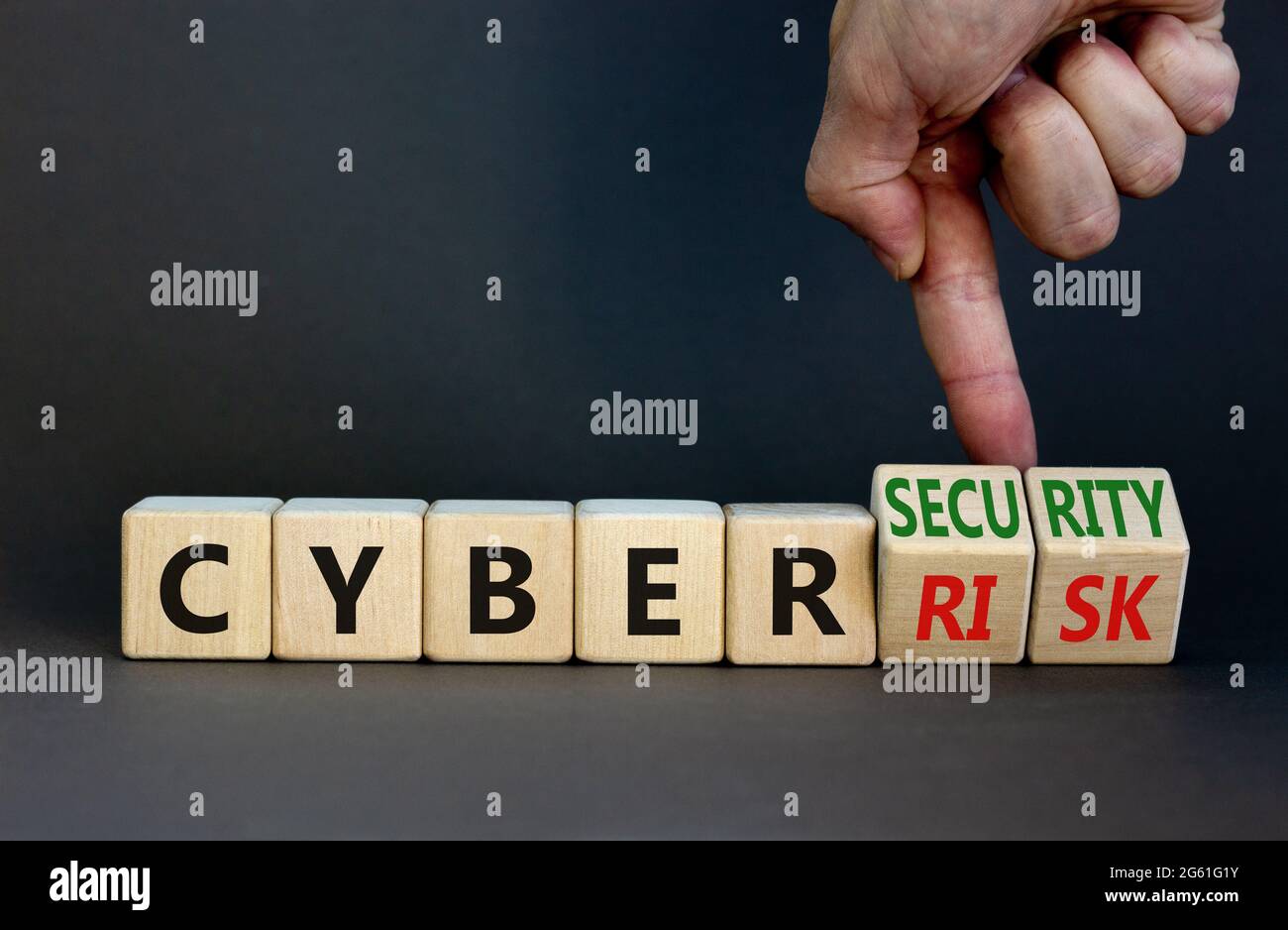 Cyber-security vs cyber-risk symbol. Businessman turns wooden cubes ...