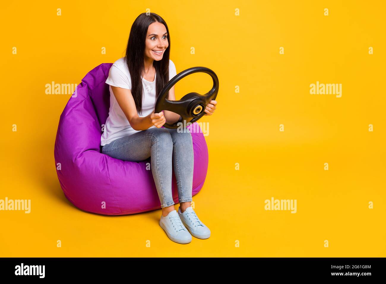 Full length body size photo crazy brunette keeping steering wheel ...