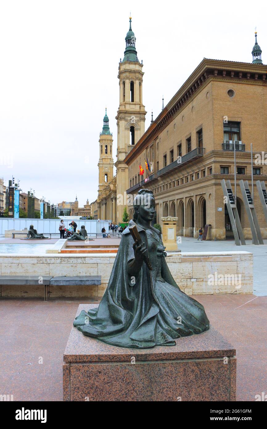 Bronze seated woman sculpture part of the Goya monument near the ...