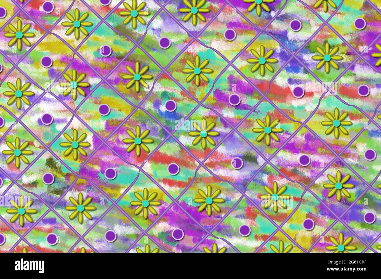 Artistic background with daisies and blue dots. Rows have ribbon, dots ...