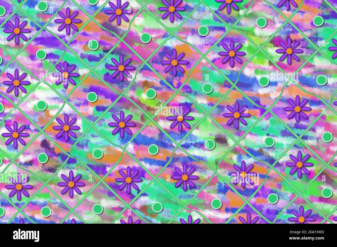 Artistic background with daisies and blue dots. Rows have ribbon, dots ...