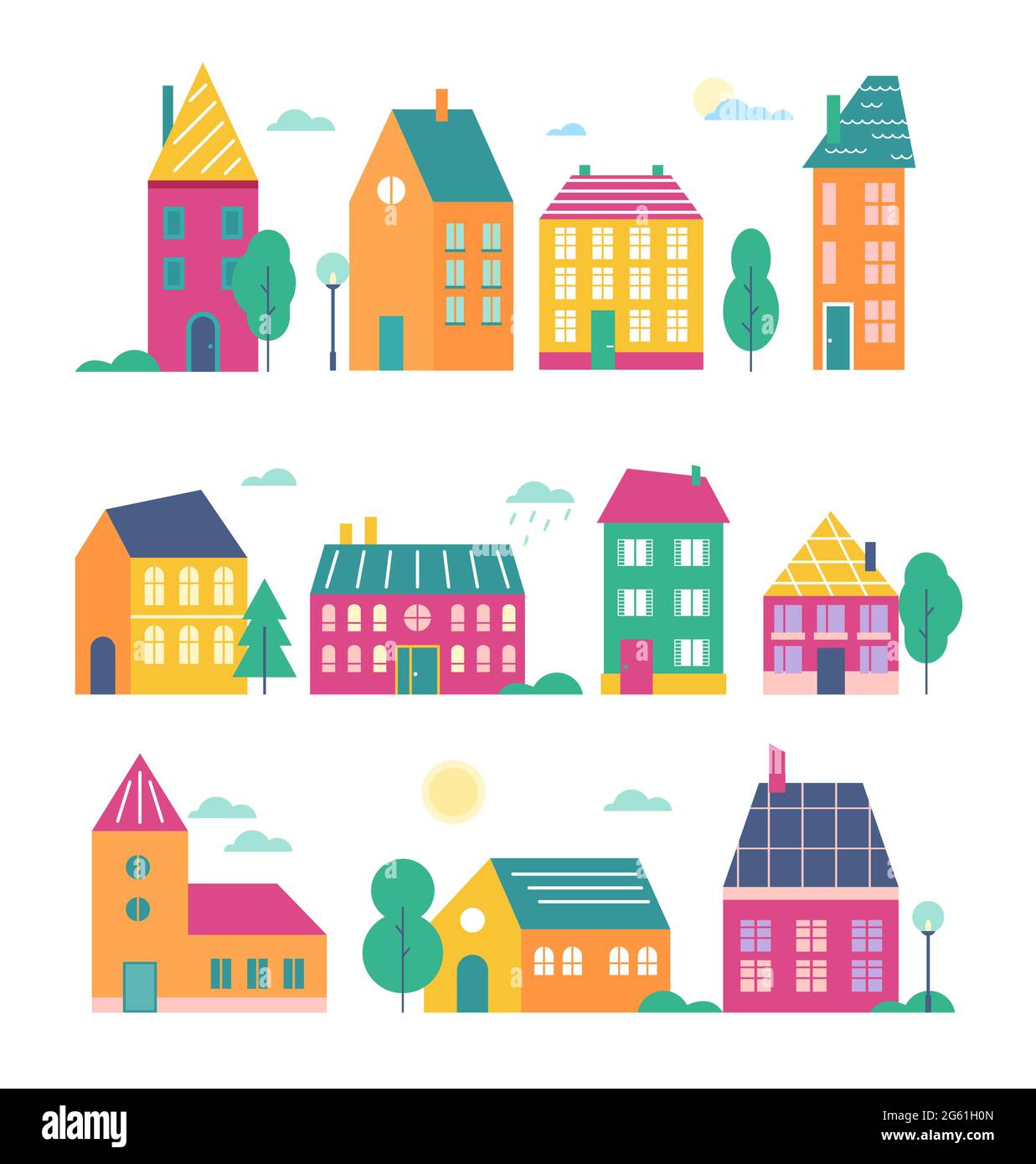 Town houses vector illustration set, cartoon flat cute urban variety ...