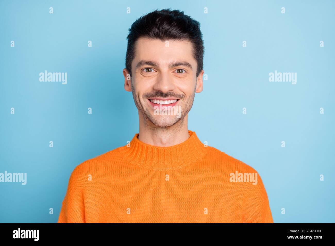 Portrait of bearded successful young man toothy smile look camera ...