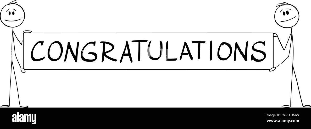 Two Persons Holding Big Congratulations Sign or Banner, Vector Cartoon ...