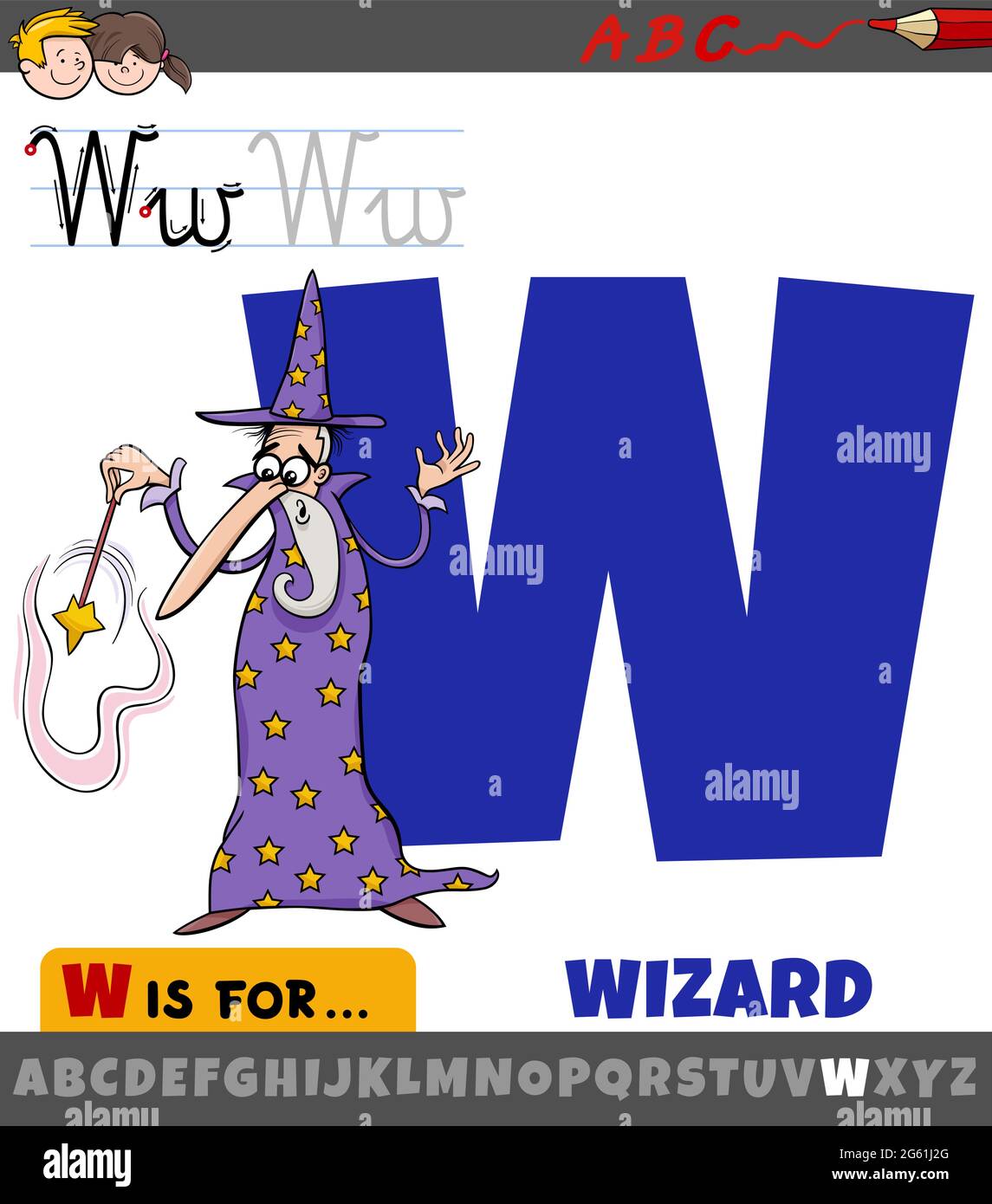 Educational cartoon illustration of letter W from alphabet with wizard ...