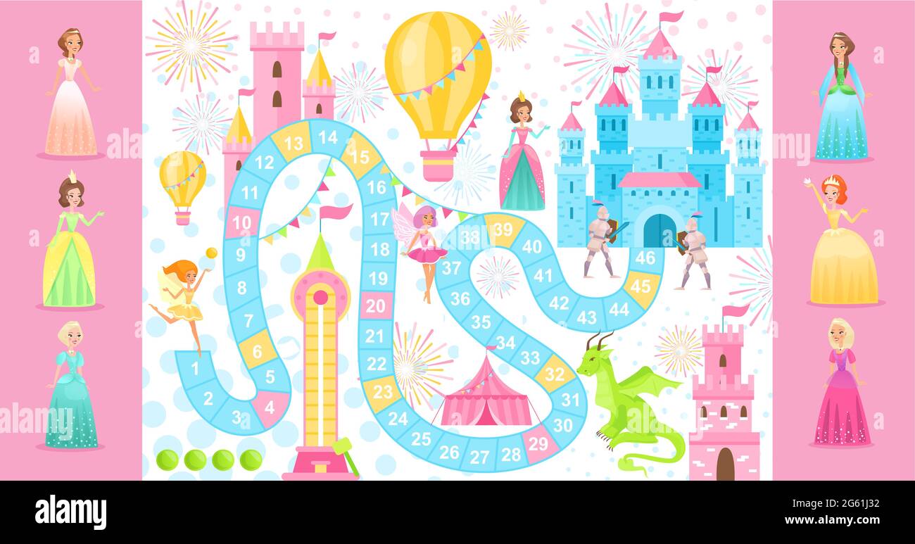 Fairy princess board game vector illustration, cartoon flat boardgame ...