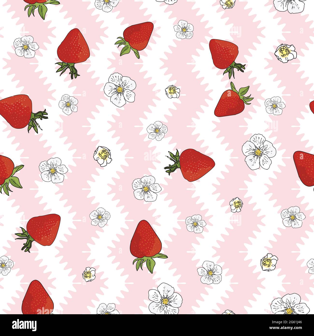 Vector pastel pink background garden strawberries, berry flowers ...