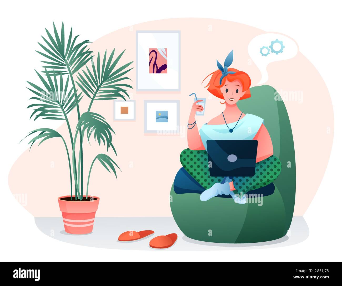Freelance home work flat vector illustration, cartoon woman freelancer ...