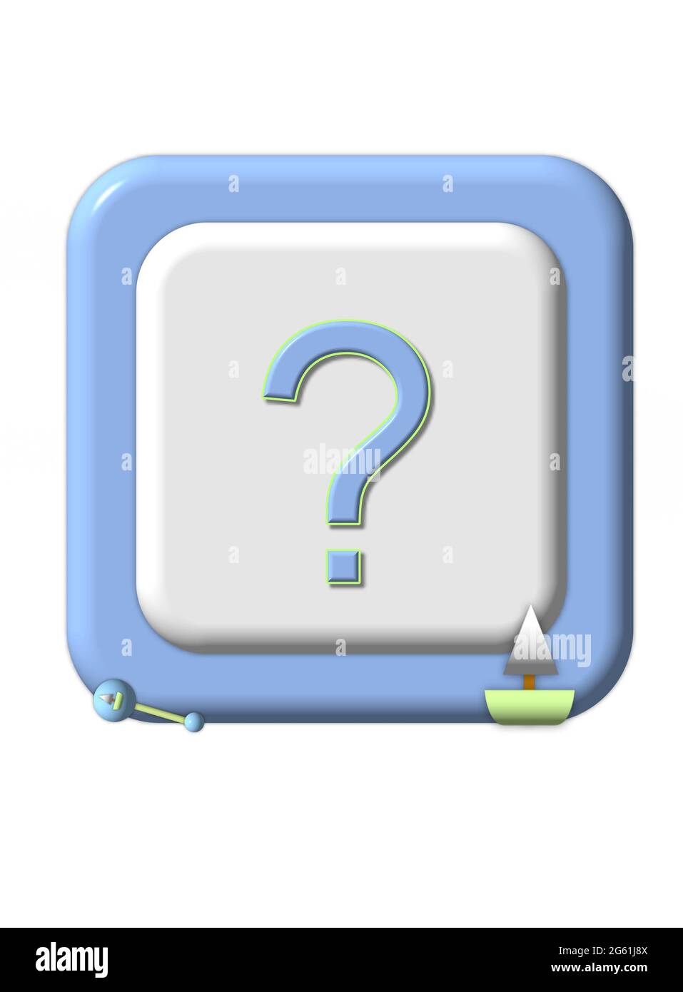 Blue rimmed baby block has question mark on it and is surrounded by ...