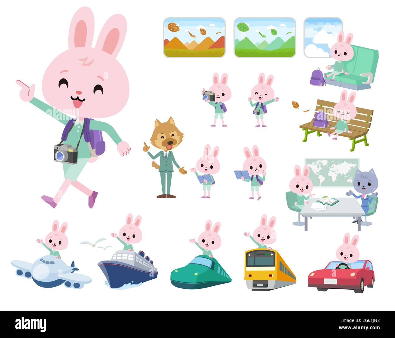 A set of Rabbit boy on travel.It's vector art so it's easy to edit ...