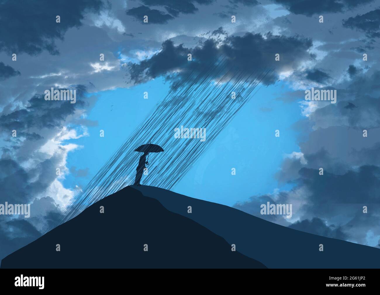 A person stands alone atop a hill beneath a cloudy sky that is ...